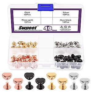 Swpeet 40Pcs Metal Heart Shape Decoration Stud Rivets Set, 4 Colors 10mm Heart Rivet for Belt Clothes Purse Handbag Leather Craft DIY Handmade Accessories(Gold Silver Gun-Black Rose-Gold)