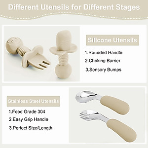 Mrkyy Silicone Baby Feeding Set, Baby Led Weaning Supplies 8 Pack with Suction Plate and Bowl, Self Feeding Spoons Forks Sippy Cup Adjustable Bib, Eating Utensils for 6+ Months - Beige