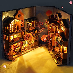 3D Wooden Book Stand, Puzzle DIY Book Nook Kit with LED Light, Decoration Bookend Shelf Insert Alley Miniature Dollhouse Model Building Set Craft for Teens and AdultsBirthday Gifts Home Desk