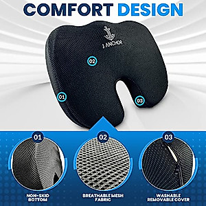 J Anchor Seat Cushion, Cool Gel Memory Foam with Carry Bag, Ergonomic, Office Chair, Car, Airplane, Wheelchair, Orthopedic Pillow for Tailbone, Lower Back, Coccyx, Sciatica, Lumbar Pain Relief