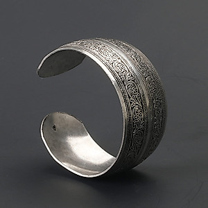 BODYA Tibeten Silver Carved Spiral Flower Connecting Branches Pattern Wide Band Open Cuff Bracelet Bangle for Adult