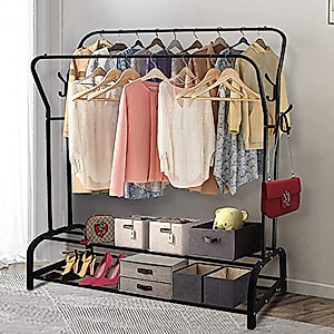 RELIANCER Heavy Duty Deluxe Double-Rail Garment Rack w/ 2 Tier Shoe Shelves 140lb Capacity Large Clothes Hanging Rack Commercial Clothing Organizer Indoor Bedroom Store Coat Hanger Holder