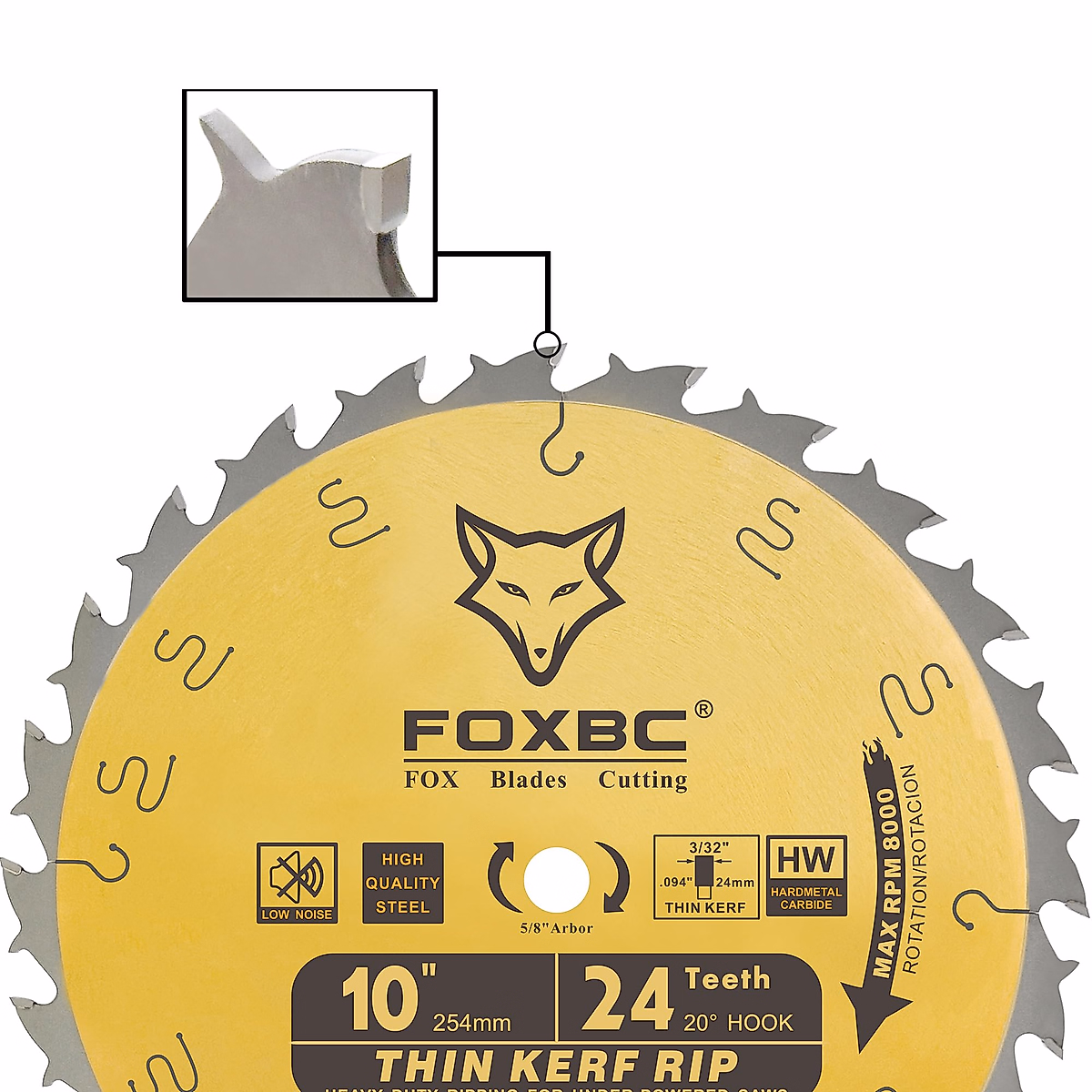 FOXBC 10-Inch Thin Kerf Ripping Table Saw Blade for Wood Cutting, 24-Tooth ATB, 5/8-Inch Arbor