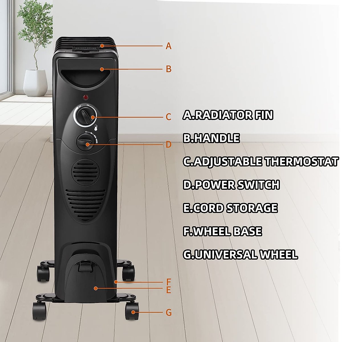 R.W.FLAME Oil Filled Radiator Heater - 3 Heat Settings, Adjustable Thermostat, Quiet and Portable Space Heater with Tip-over & Overheating Functions (27", Black)