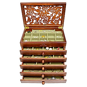 Wood Jewelry Box for Women - Real Wooden Jewelry Holder Organizer Box with Rose Leaf Patterns, Mothers Day Gifts, Jewelry Boxes for Storage Earrings Rings Necklace Bracelet, Ideal Gift for Women's Day