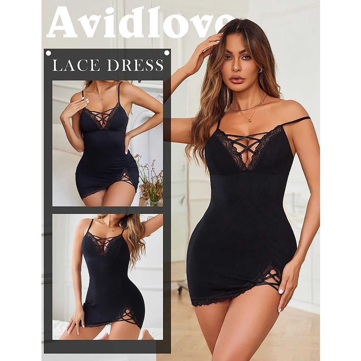 Avidlove Lingerie for Women Sexy Nightgown Full Slip Lace Chemise Sleep Babydoll Lingerie Dress(Black XS)