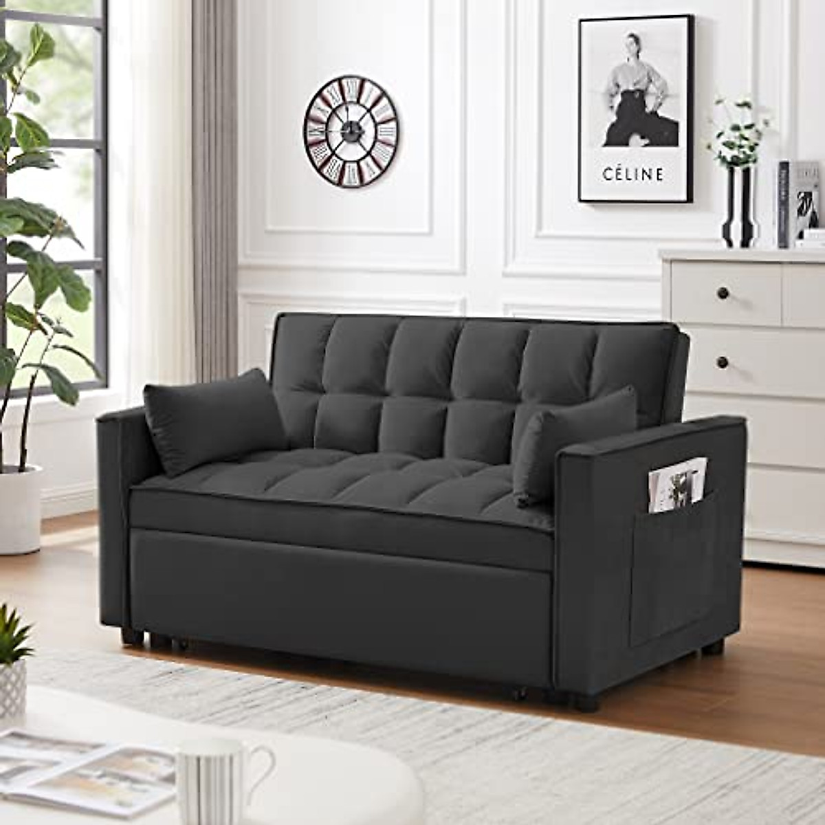 Eafurn Futon Loveseat Couch with Pull Out Bed,3-in-1 Upholstery Convertible Sleeper Sofa Reclining Chaise Lounge with Adjustable Backrest, Sofacama Sofabed, Black 55.2" Velvet w/ 2 Toss Pillows