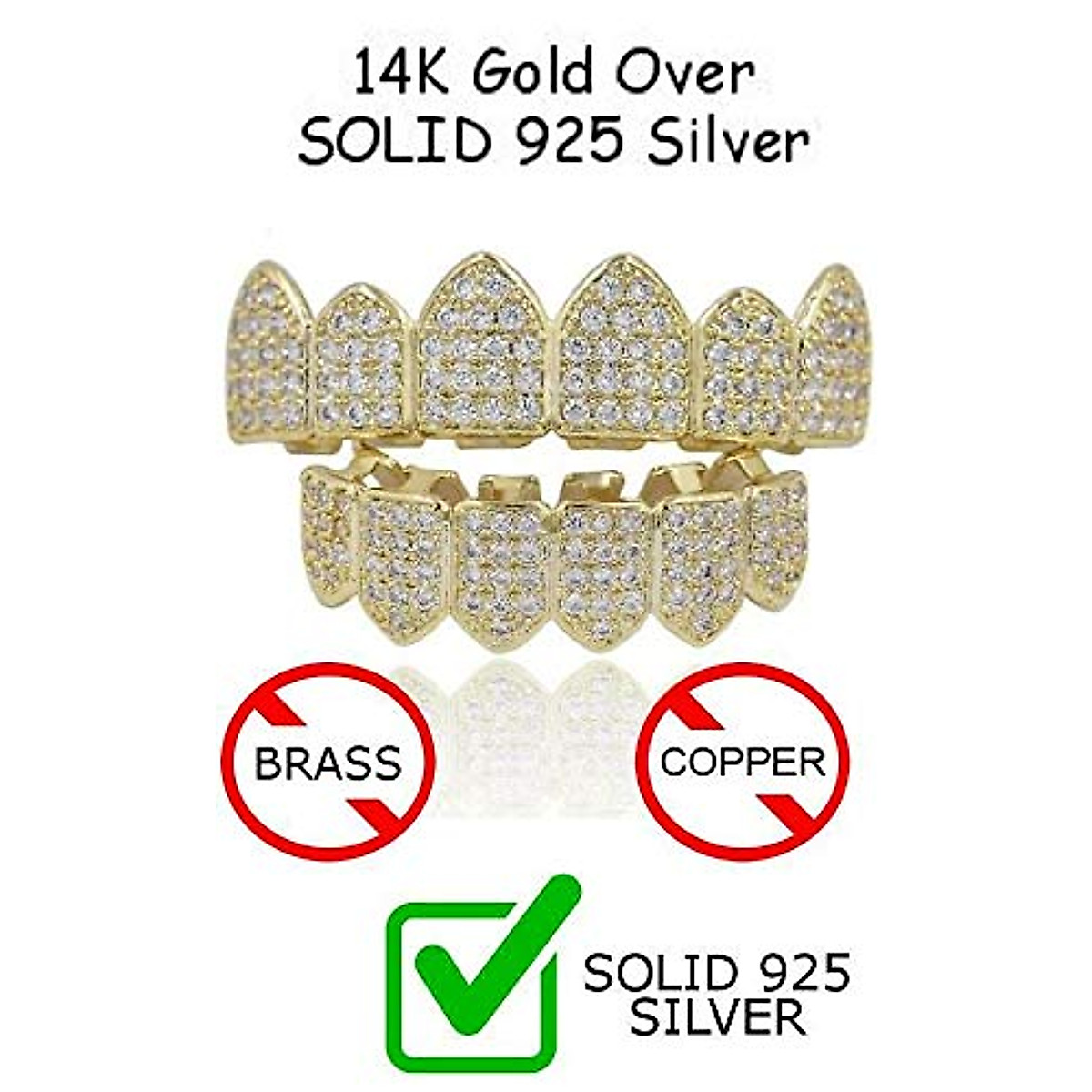 Solid 925 Sterling Silver Real Grillz - 14k Yellow Gold Plated - Iced CZ - Custom Top & Bottom Grills For Teeth - Real Solid Silver NOT BRASS