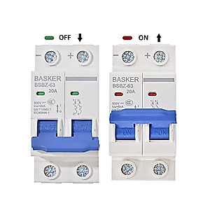 BASKER DC Circuit Breaker, 20Amp 2 Poles 500V Solar Disconnect Switch for Solar PV System Solar Panels Grid System, DIN Rail Mount, DC Breaker MCB (20A)
