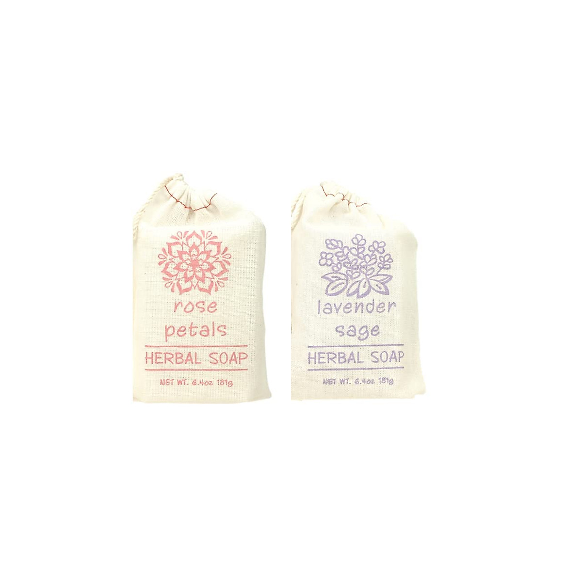 Greenwich Bay Trading Set of 2 Herbal Soaps - Each Individually Wrapped in a Drawstring Cloth Sack - Enriched with Shea Butter & Virgin Olive Oil and Infused with Fresh Botanical Scents - 6.4 Oz Each (Lavender Sage & Rose Petal)