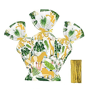 UEMIS 60Pack Jungle Animal Cellophane Treat Bags, Green Gold Safari Animal Palm Leaves Plastic Candy Goodie Bags with Gold Twist Ties for Wedding Wild One Safari Baby Shower Birthday Party Favors (Jungle Animals)