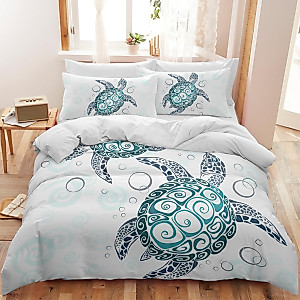Sleepwish Turtle Bedding Royal Aqua Blue Turtles Duvet Cover 3 Piece Abstract Tortoise Bed Covers Underwater Children Bed Set (King)