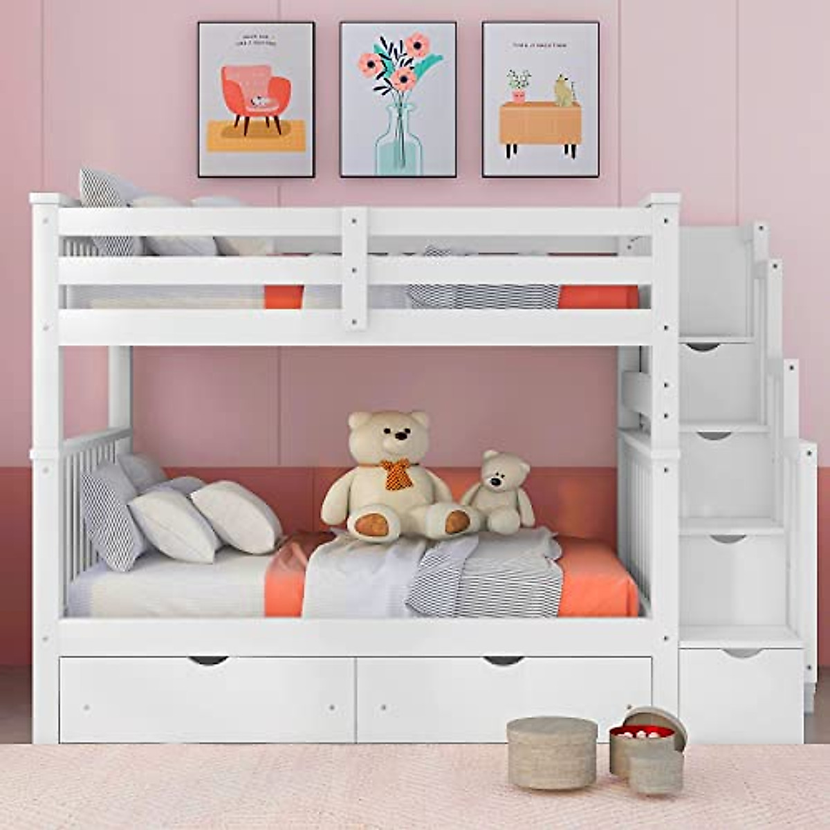 Harper & Bright Designs Full Over Full Bunk Beds with Storage Drawers and Stairway, Wood Bunk Bed Frame, Convertible Bunk Bed for Kids, Teens, Bedroom, Guest Room Furniture (White)
