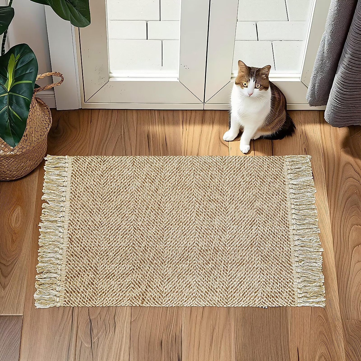 Small Bathroom Rug, 2'x 3' Boho Entryway Rug Washable Cotton Woven Front Door Mat with Tassels, Low Pile Reversible Kitchen Rugs Soft Tan Throw Rug Farmhouse Carpet for Indoor Entry Décor