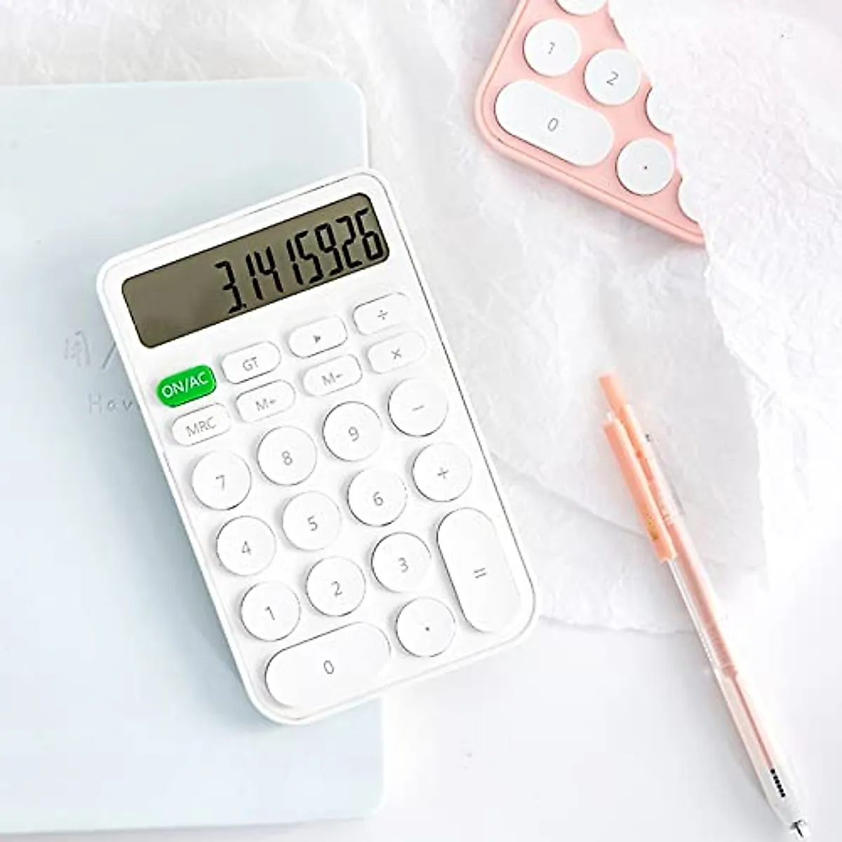 Benkaim White Desk Basic Cute Calculator, Small Portable Standard Calculator 12 Digit Dual Power Handheld Desktop Calculator with Large LCD Display and Sensitive Buttons