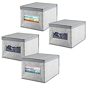 mDesign Large Fabric Stackable Closet Organizer Box with Clear Window/Lid for Bedroom, Office, Bathroom, Mudroom Organization - Shoe, Sweater, Clothes Storage, Lido Collection, 4 Pack, Gray