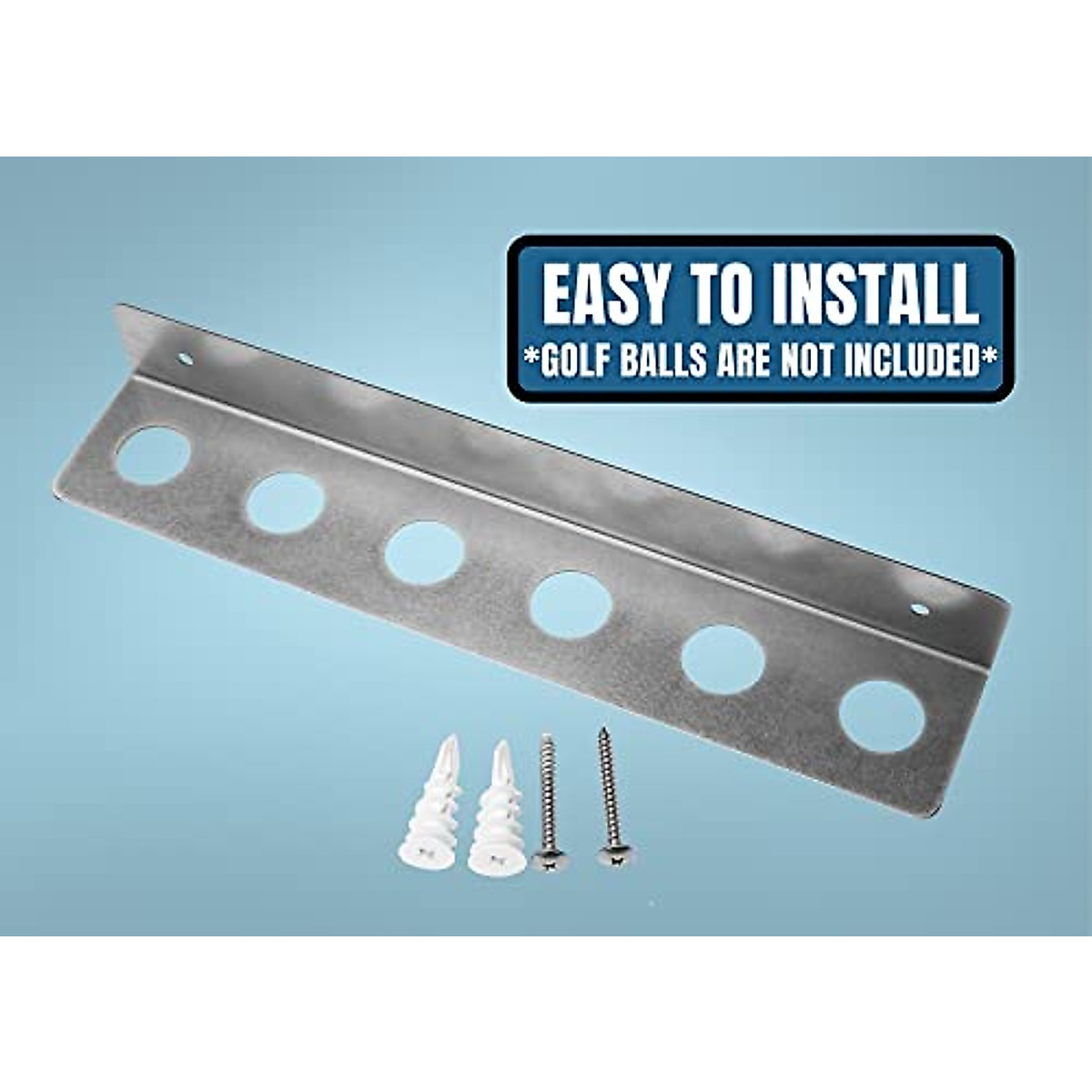 Deco Gables Designs Golf Ball Holder Display Rack Shelf Hanging Brushed Stainless Steel Wall Mount Durable Polished Solid Metal Home or Office with Mounting Hardware 12 Inches Wide Holds 6