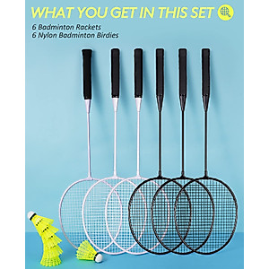 AboveGenius Badminton Rackets Set of 6 for Outdoor Backyard Games, Including 6 Rackets, 6 Nylon Badminton Shuttlecocks, Lightweight Badminton Racquets for Beginners