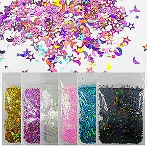 LoveOurHome 6 Colors Star Moon Chunky Glitter Flakes Resin Epoxy Accessories Holographic Black Blue Stars Glitters Confetti Crafts Sequins Decor for Nail Art/Slime/Makeup/Jewelry Making
