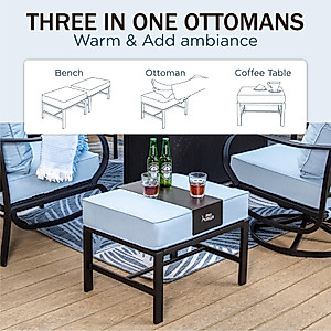 PHI VILLA 5 PCS Patio Furniture Set,Metal Deluxe Patio Set with 1 x 3 Seater Deep Seating Bench, 2 x Swivel Sofa Chairs & 2 x Metal Cushioned Ottoman, Outdoor Patio Set for Garden, Light Blue