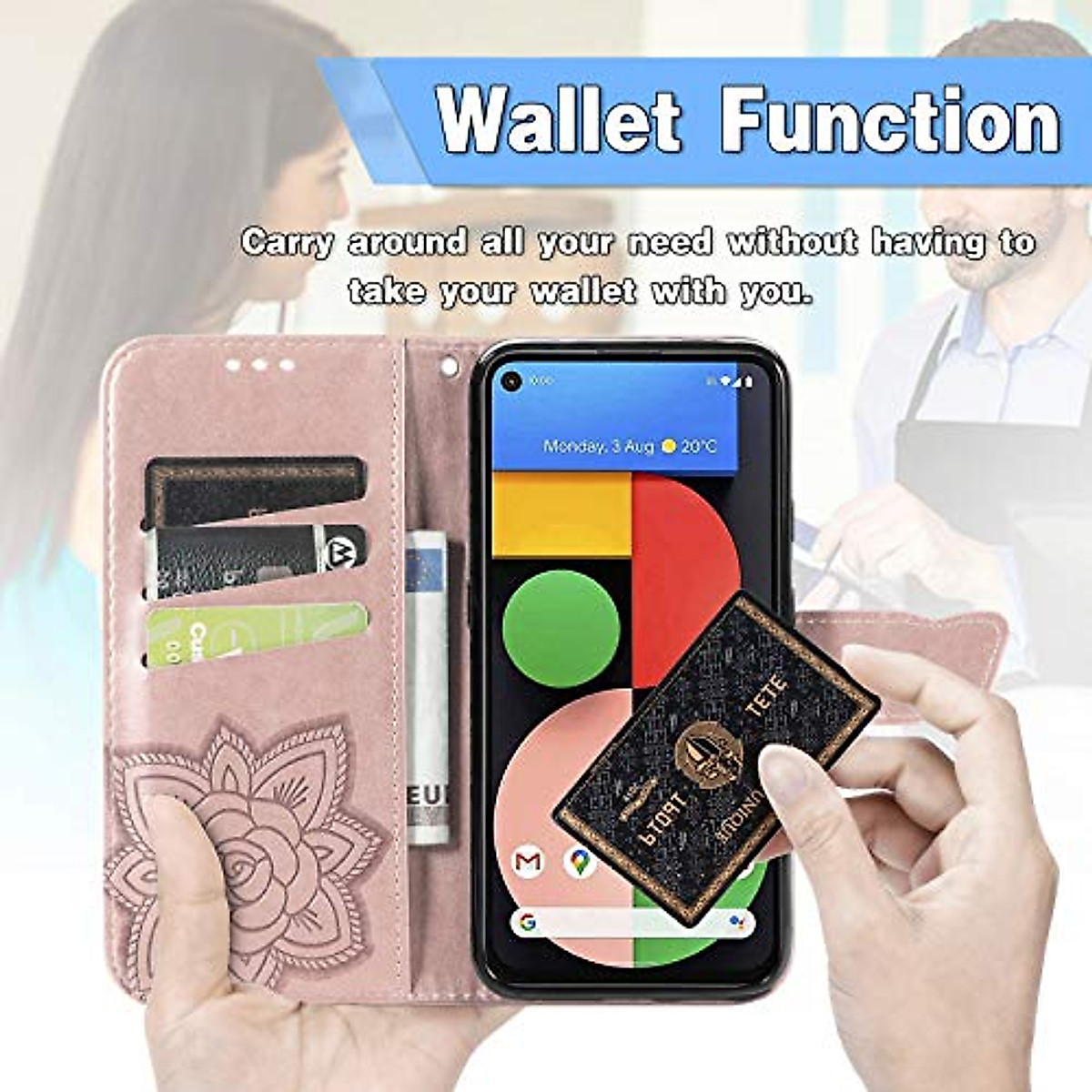 ONV Wallet Case for Samsung Galaxy Z Fold 3 - Butterfly Embossed Leather Folio Case [Magnetic] [Card Slots] [Kickstand] [Wrist Strap] +TPU Shell for Samsung Galaxy Z Fold 3 [HZD] -Rosegold