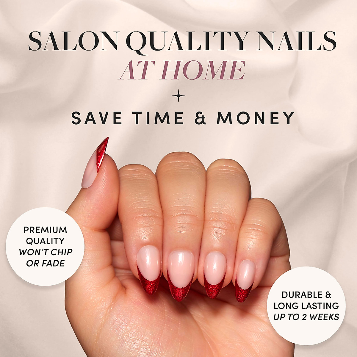 Glamnetic Press On Nails - Red Affair | Short Almond Red Glitter French Tip Nails with a Glossy Finish | 15 Sizes - 30 Nail Kit with Glue
