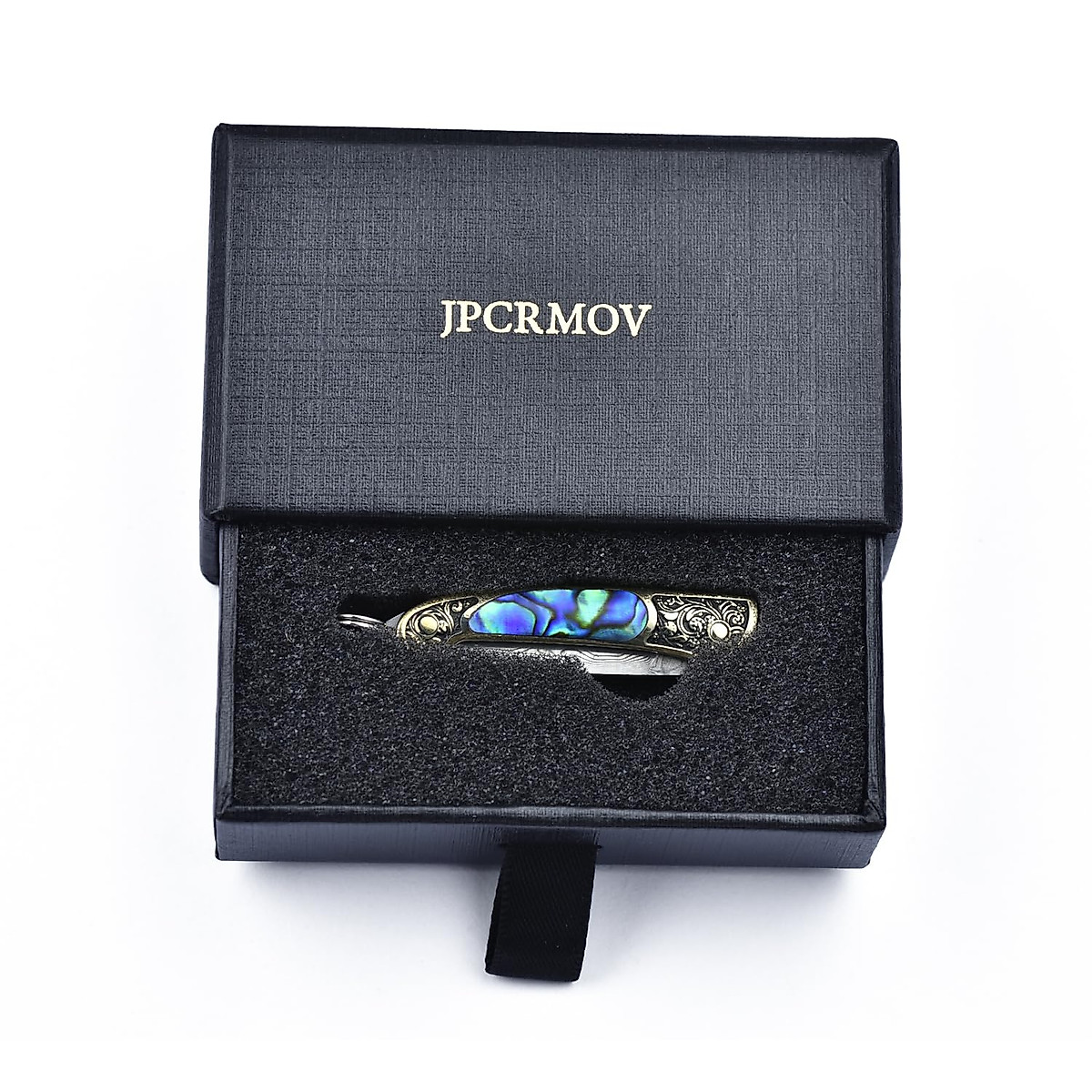 JPCRMOV Mini Pocket Knife Damascus Keychain for Women, Small Folding Knife EDC Compact Knife, Abalone Shell Handle, Blade Length 1.06", Weighs only 9 Grams