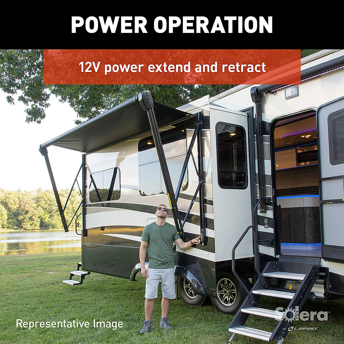 Solera 12V Smart Arm 63" Awning Hardware Kit for 5th Wheels, RVs, Travel Trailers, Power Extend and Retract, Safety Lock Button, Weatherproof - 759516
