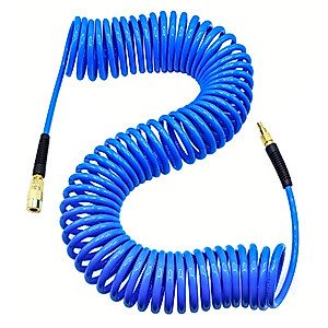 YOTOO Polyurethane Recoil Air Hose 1/4" Inner Diameter by 50' Long with Bend Restrictor, 1/4" Industrial Quick Coupler and Plug, Blue