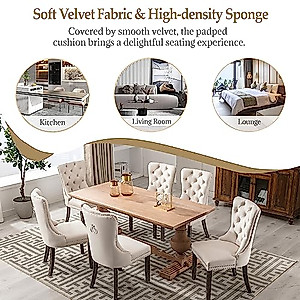 civama Velvet Dining Chairs Set of 6, Upholstered Tufted Dining Chairs with Nailhead Trim Back Pull Ring, Nikki Collection Elegant Armless Kitchen Chair with Solid Wood Legs, Beige