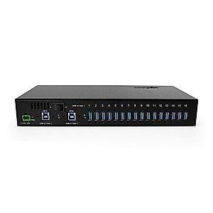 16 Port USB 3.2 Hub with Dual Upstream Ports, Surge Protection, Screw Lock, Rack & DIN Rail Mounting