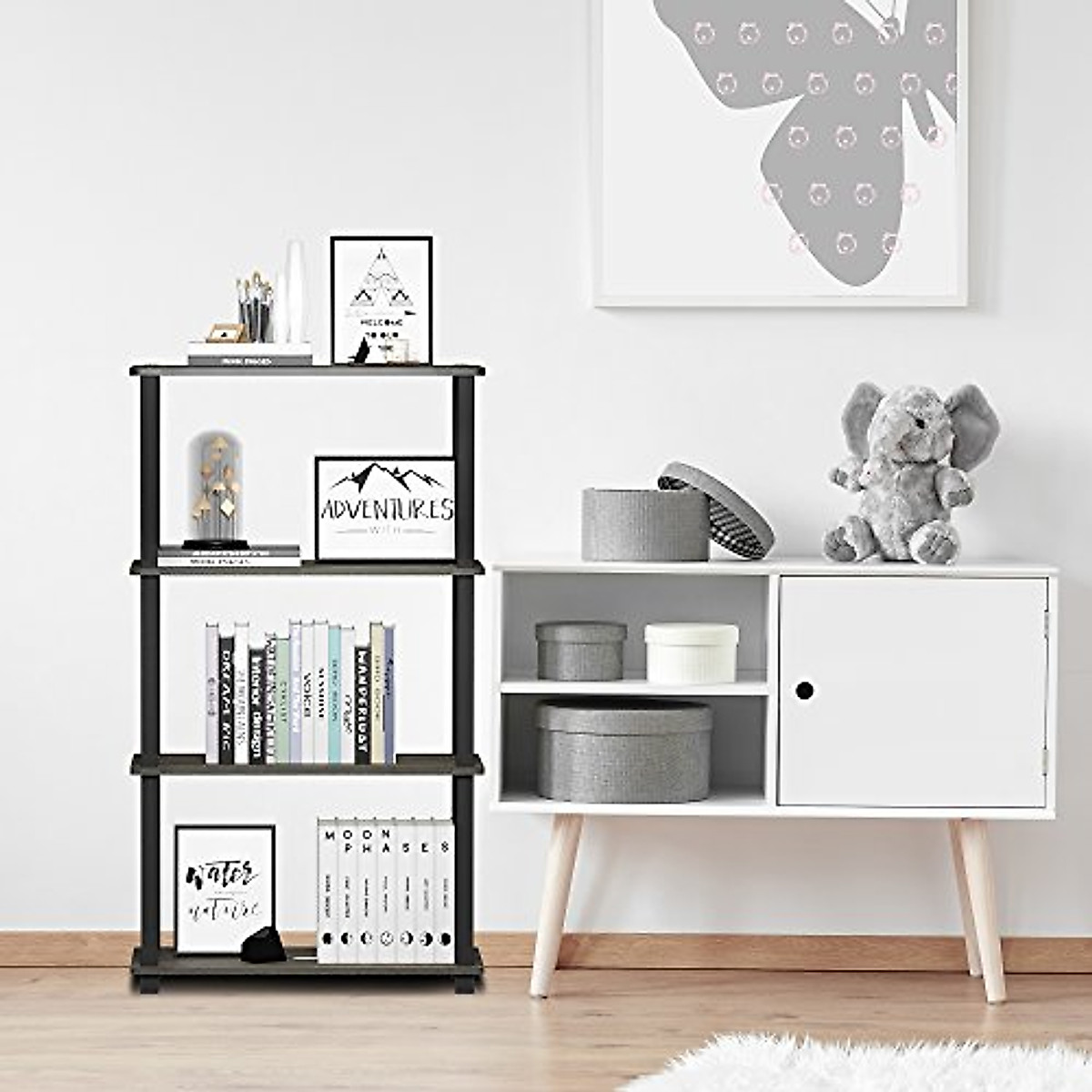 Furinno Turn-N-Tube 4-Tier Multipurpose Shelf Display Rack, Square Tube, French Oak Grey/Black