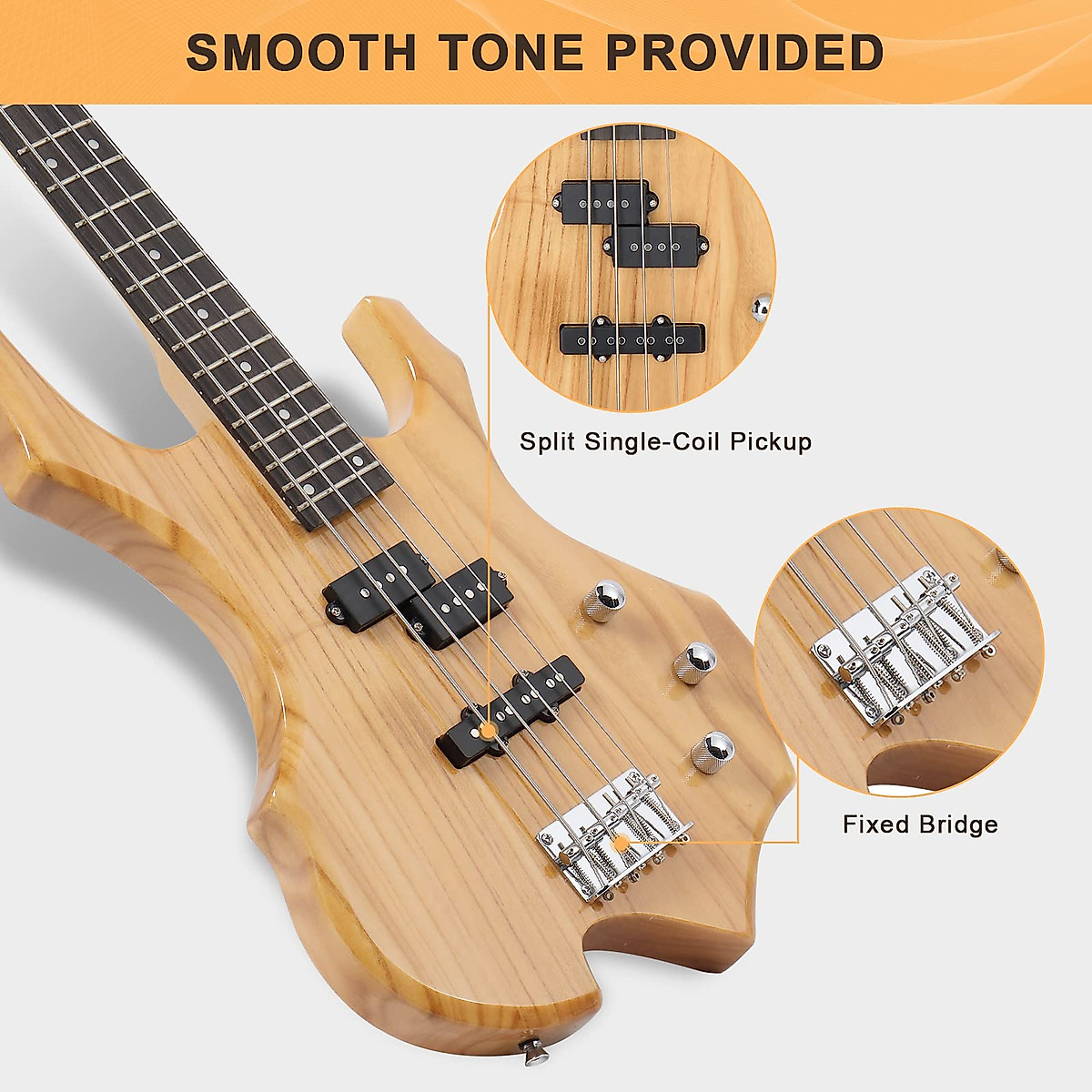 GLARRY Electric Bass Guitar 4 Strings Buring Fire Style Full Size for Beginner Right Hand with Bag, Strap and Accessories (Burlywood)