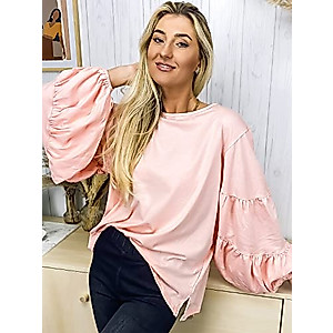 Anna-Kaci Womens Long Lantern Sleeve Soft Loose Baggy Tops T-Shirt Pullover, Rose, Small