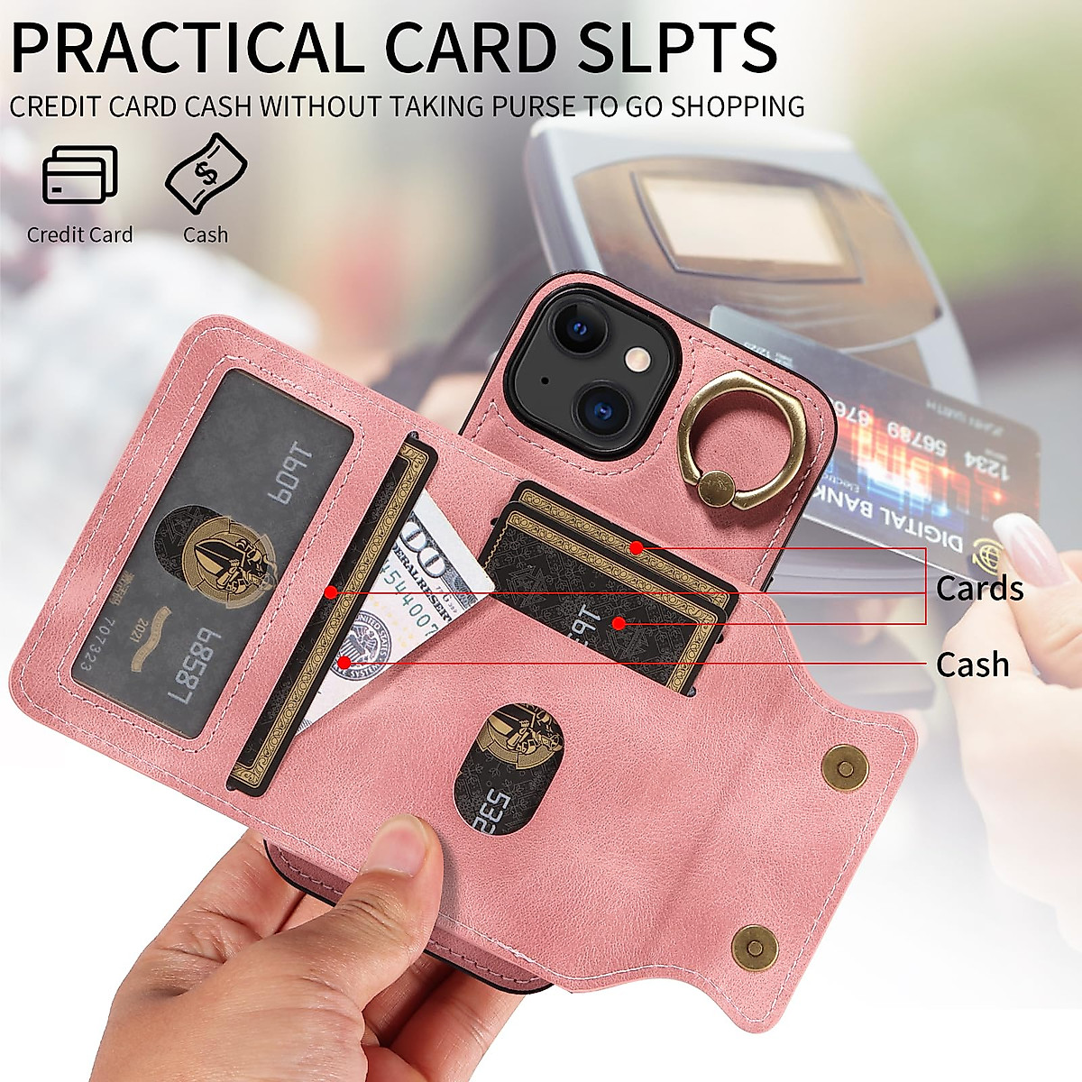 AJDSE for iPhone 15 Case, [3-in-1] Shockproof Leather Wallet Case with Card Holder and Kickstand Function and 3 Card Slots [Magnetic Buckle Design] (Pink, for iPhone 15)