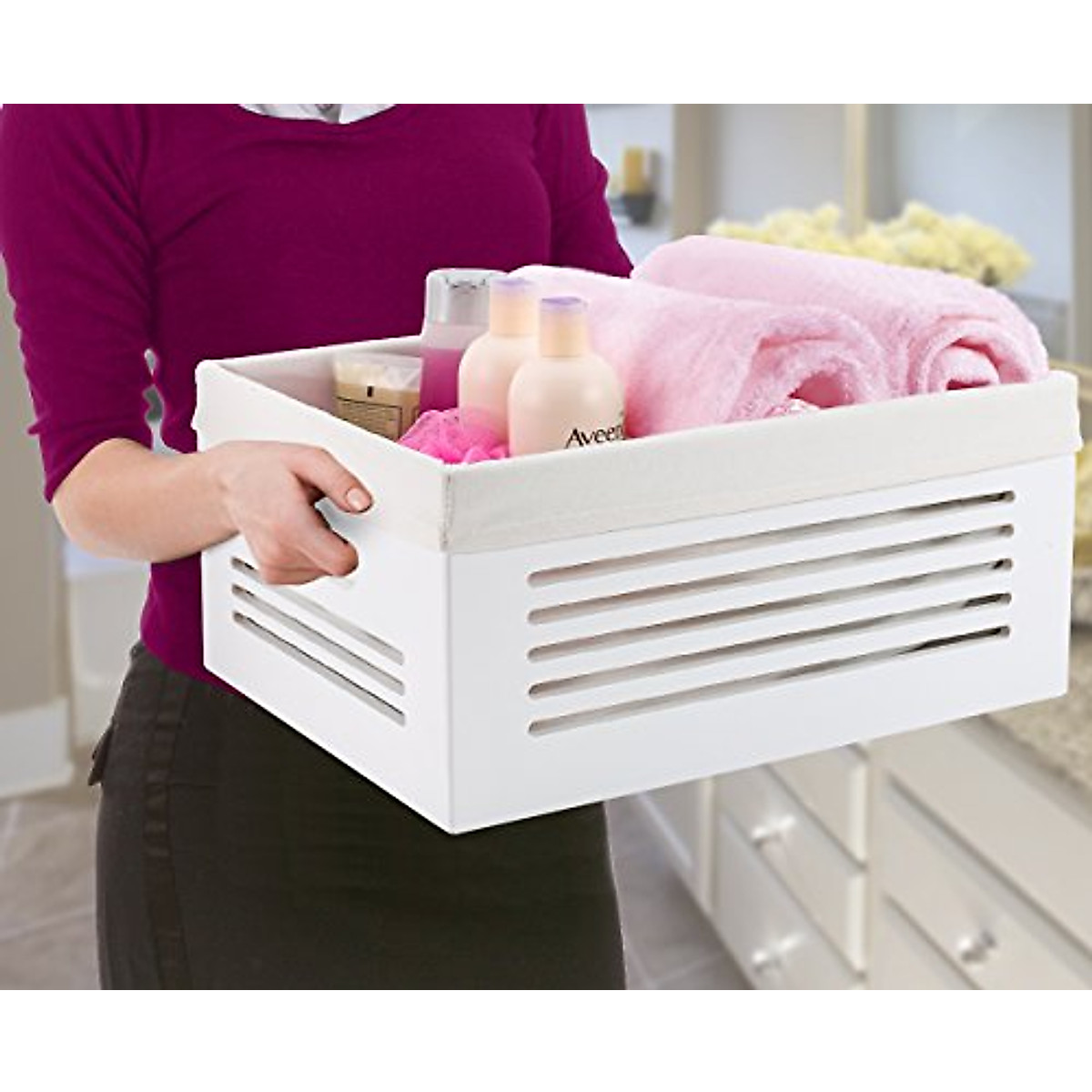 Large Wooden Crate for Storage - Decorative Wood Storage Boxes for Home Books Clothes Toys, This wood crate box/Basket/Bin Organizer is Lined with Machine Washable Soft Linen Fabric - White, Large