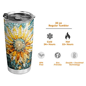 ORCAE 20oz Beautiful Colorful Daisy Flower, Stained Glass Style Flowers, Yellow White Flower Tumbler Cup, Insulated Travel Mug with Lid, Coffee Thermos for Men, Women, Gifts for Women - K