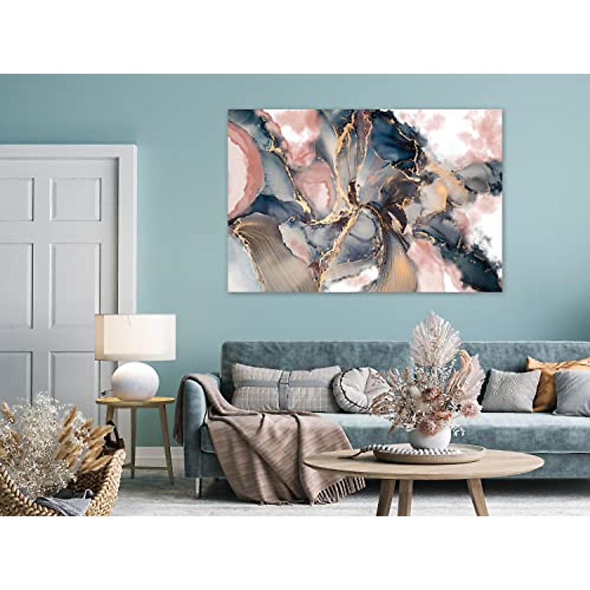 artgeist Canvas Wall Art Print Abstract 35x24 in - 1pcs Home Decor Framed Stretched Picture Photo Painting Artwork Image - Marble Look Paint Stains Blue rosa Gold f-C-0493-b-a