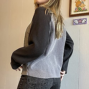 SOLILOQUY Women Crew Neck Oversized Sweatshirt Grunge Graphic Print Color Block Loose T-shirt Blouse Goth Floral Retro Aesthetic Streetwear (Grey, Small)