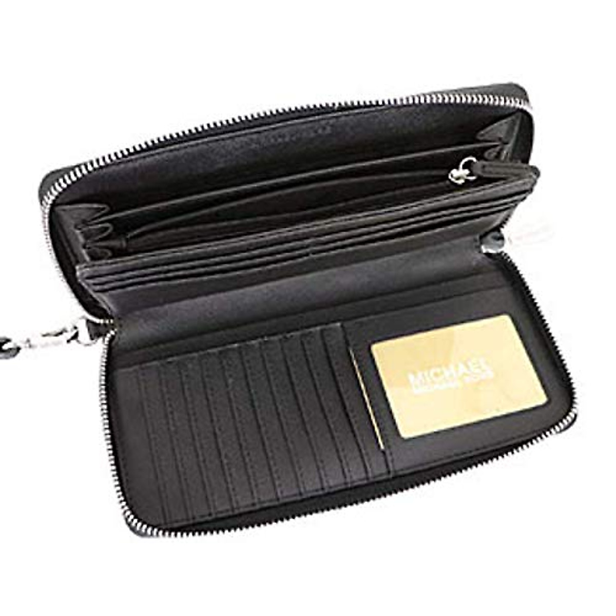 Michael Kors Jet Set Travel Continental Zip Around Leather Wallet Wristlet (Black PVC/Silver Hardware)