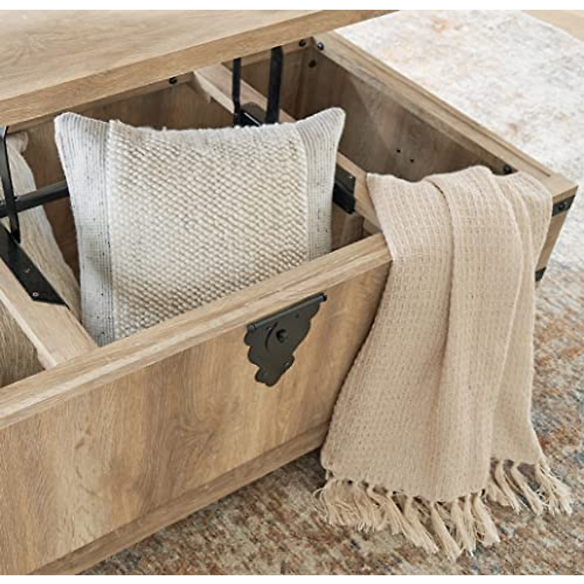 Signature Design by Ashley Calaboro Casual Lift-Top Rustic Coffee Table, Light Brown & Black