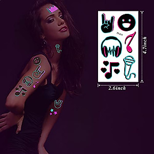 Konsait 10 Sheets Glow In The Dark Tattoos for Kids Adults, Safe and Easy to Use Neon Temporary Music Tattoos, Music Notes UV Blacklight Tattoos, Glow In The Dark Party Makeup Supplies Party Favors