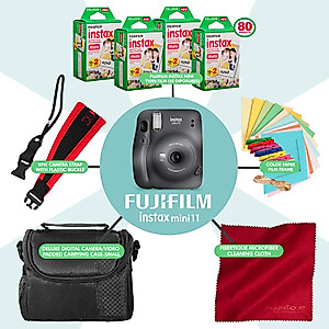 FUJIFILM INSTAX Mini 11 Instant Film Camera (Charcoal Grey) + ACCESSORY BUNDLE THAT INCLUDES 4X Fujifilm Instax Mini Twin Film (80 Exposures), Camera Carrying Case, Camera Strap & Funky Film Frames