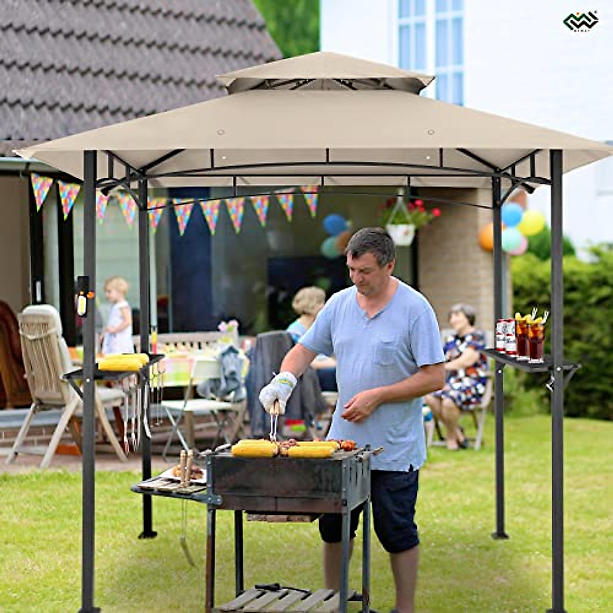 MEWAY 8x5 Grill Gazebo 2-Tiered Outdoor BBQ Canopy Tent, Beige