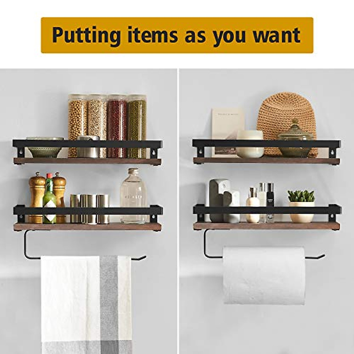 BESy Floating Shelves Wall Mounted Storage Shelves with Towel Rack Rails Bar, Paper Towel Holder with Shelf for Kitchen, Bathroom Tissue Roll Hanger, Matte Black Metal Frame, Set of 2 Brown
