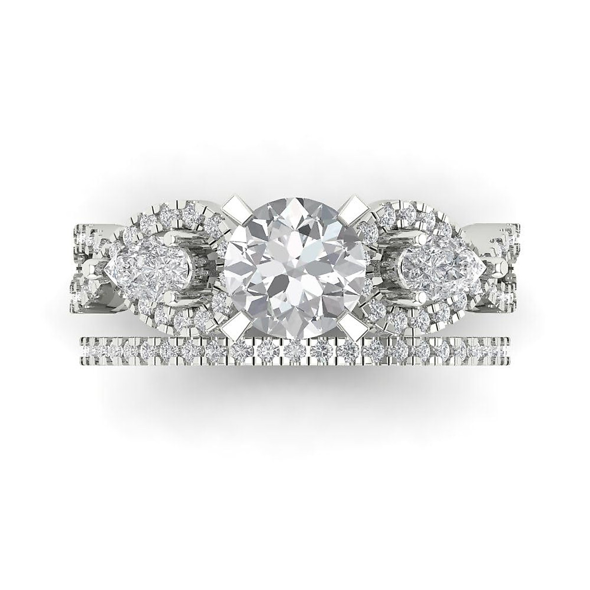 Clara Pucci 2.0ct Round Cut Solitaire 3 stone Genuine Moissanite Engagement Promise Anniversary Bridal Ring Band set 18K White Gold 10.5