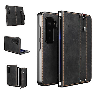 Foluu for Microsoft Surface Duo 2 Case, Surface Duo 2 Leather Case with Hand Strap, [Slim & Lightweight] PU Leather Back Cover Hard PC Holder Protective Phone Case for Microsoft Surface Duo 2 (Black)