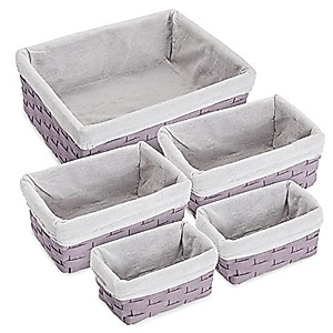 5 Piece Set Woven Nesting Storage Baskets, Decorative Wicker Bins for Organizing, Lavender (3 Sizes)