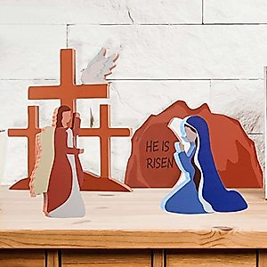 Ufkaa Easter Decorations, 4pcs Religious He is Risen Decor, Wooden Empty Tomb Resurrection Scene, Cross Table Christian Spring Decor, Farmhouse Easter Nativity Tier Tray Decor for Home Mantle