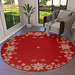 Christmas Snowflake Area Rug Carpet for Kids Teen Girls Boys Bedroom, Living Room, Washable Outdoor Indoor Accent Throw Runner Floor Mat Area+Rug Red Golden Xmas Holiday 3FT(Round)